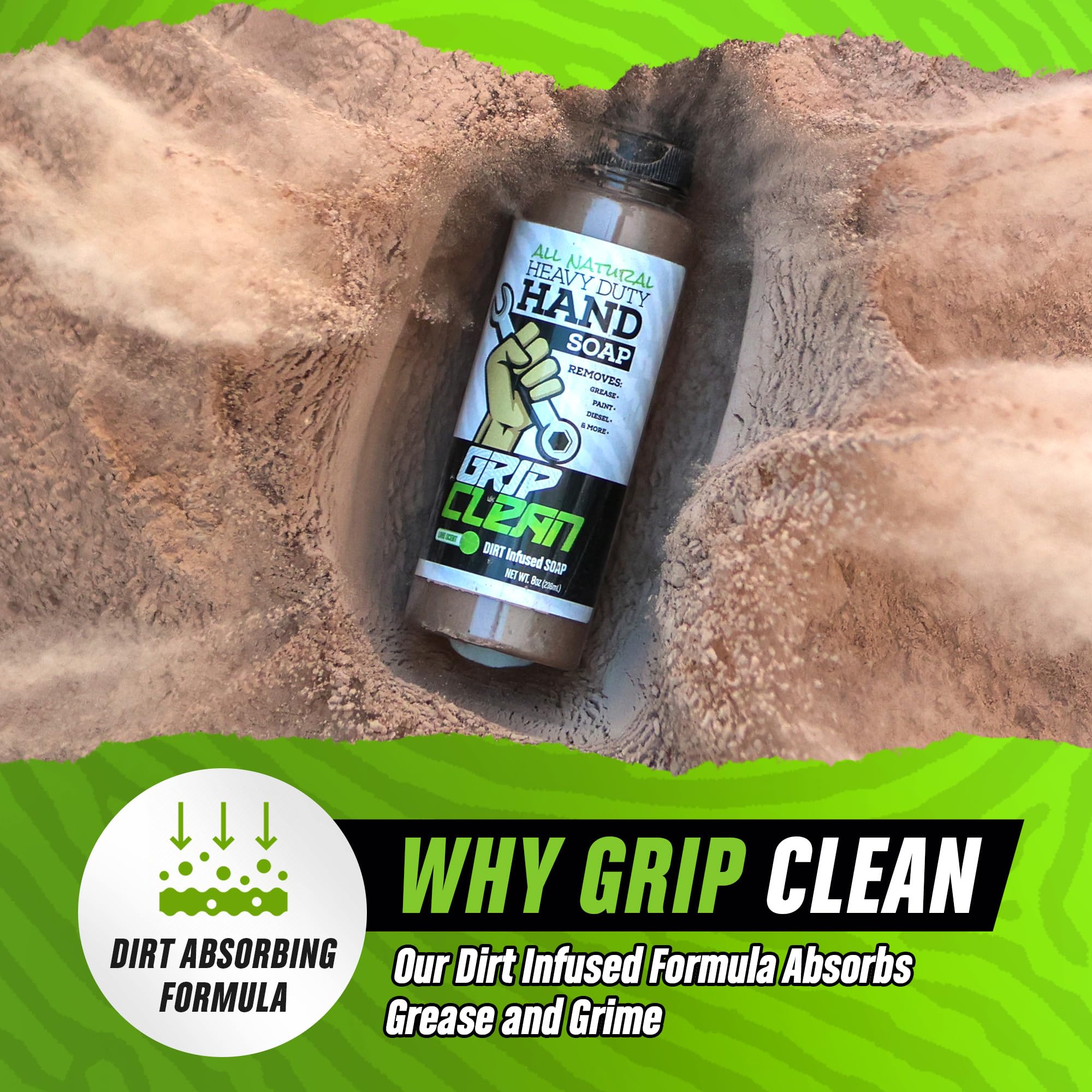 Grip Clean Squeeze Bottle & Brush Combo - Heavy-Duty Degreaser Hand Cleaner & Nail Brush Set - Tackle Grease, Oil, & Grime with Natural Pumice Soap & Nail Cleaning Scrub for Clean Hands & Nails