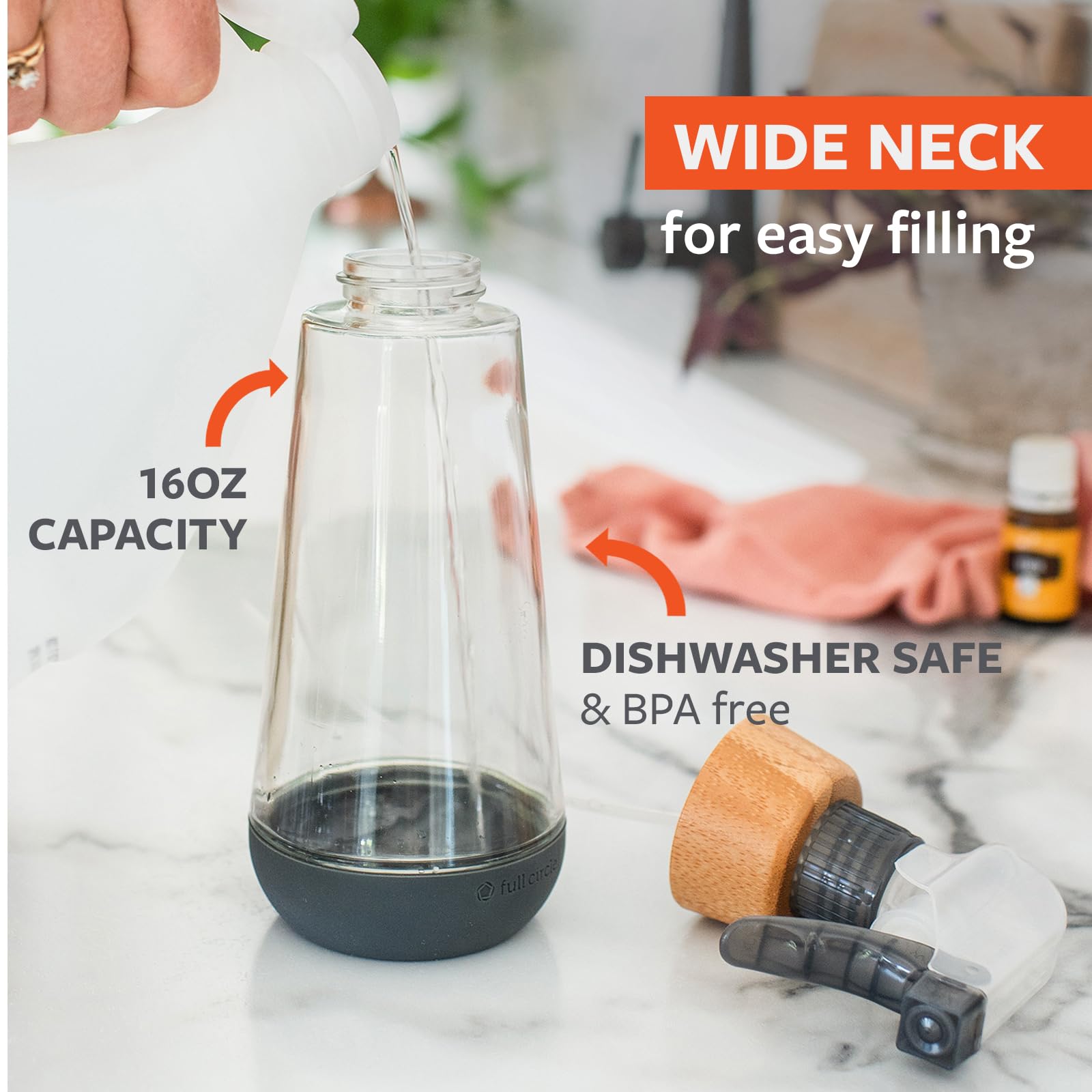 Full Circle Bottle Service - Refillable Glass Spray Bottle for Cleaning - Versatile Stream & Mist Options, Bamboo Details, Silicone Boot - Ideal for Non-Toxic Solutions & Plant Care, 16oz, Gray