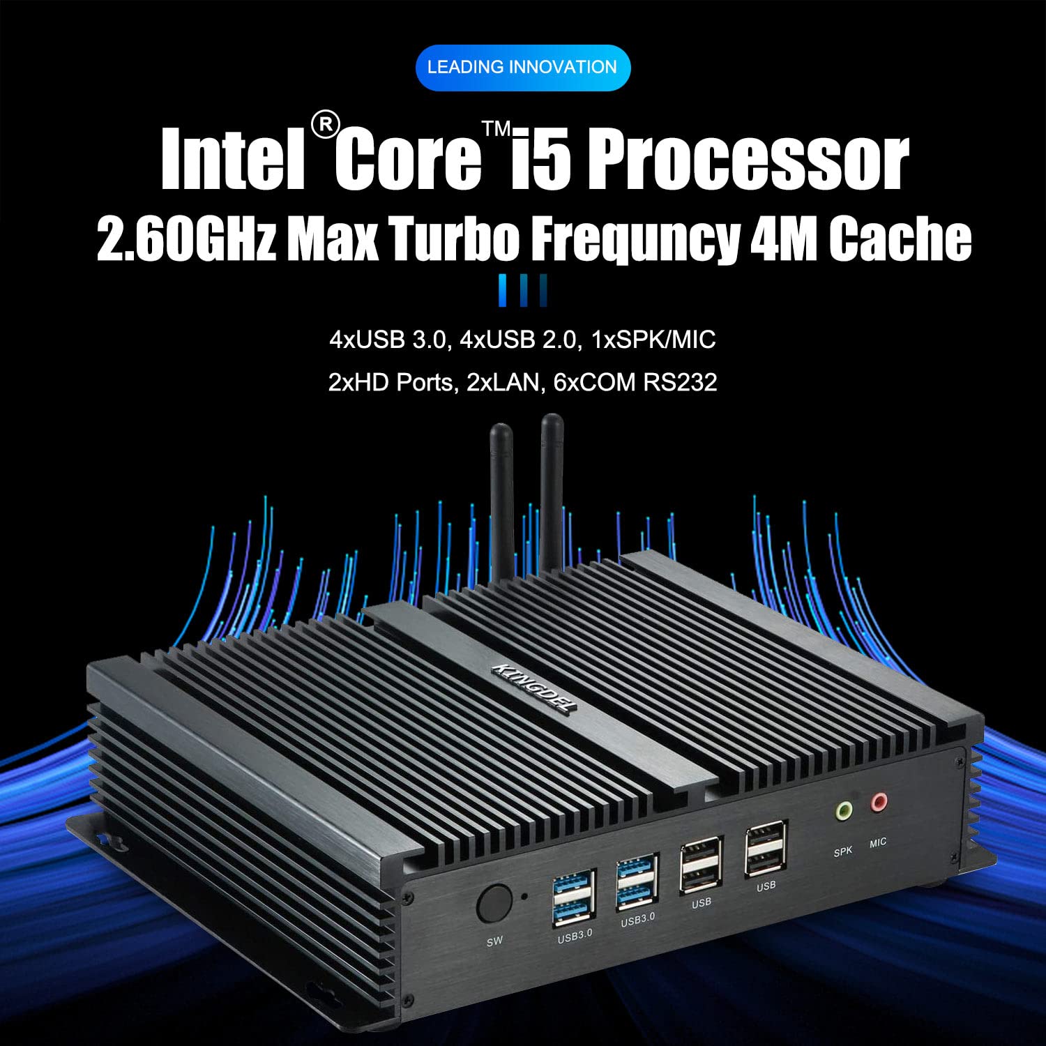 KINGDEL 4k HTPC Mini PC, i5 CPU Office Fanless Computer, 8GB RAM, 128GB SSD, HD Graphics 4400, 6xCOM RS232, 4xUSB 3.0, 2xNICs, 2xHD Ports, Metal Case