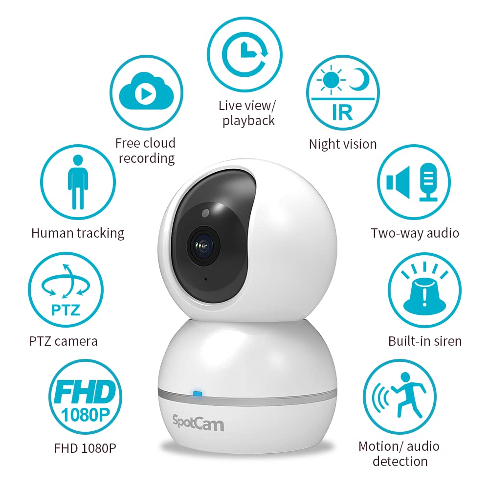 SpotCam Eva 2 Wireless Home Security Camera, 1080p FHD, Indoor, Night Vision, Two-Way Talk, Motion & Sound Alert, PTZ Pan/Tilt, Automatic Human Tracking, with Free Fulltime Cloud Recording