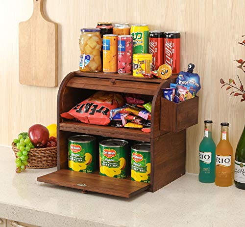 TQVAI Bamboo Bread Box for Kitchen Counter Dobule Layer Roll Top Bread Storage Container with Silverware Basket - Can Use as 2 Individual Bread Bin - Assembly Required, Retro Brown