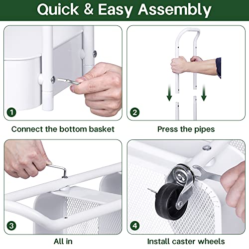 AOODA 3 Tier Under Desk Metal Rolling Cart with Handle and Lockable Wheels, 27'' Height Small Book Cart Mobile Art Cart Rolling Storage Organizer for Office, Bathroom, Kitchen, Nursery (White)