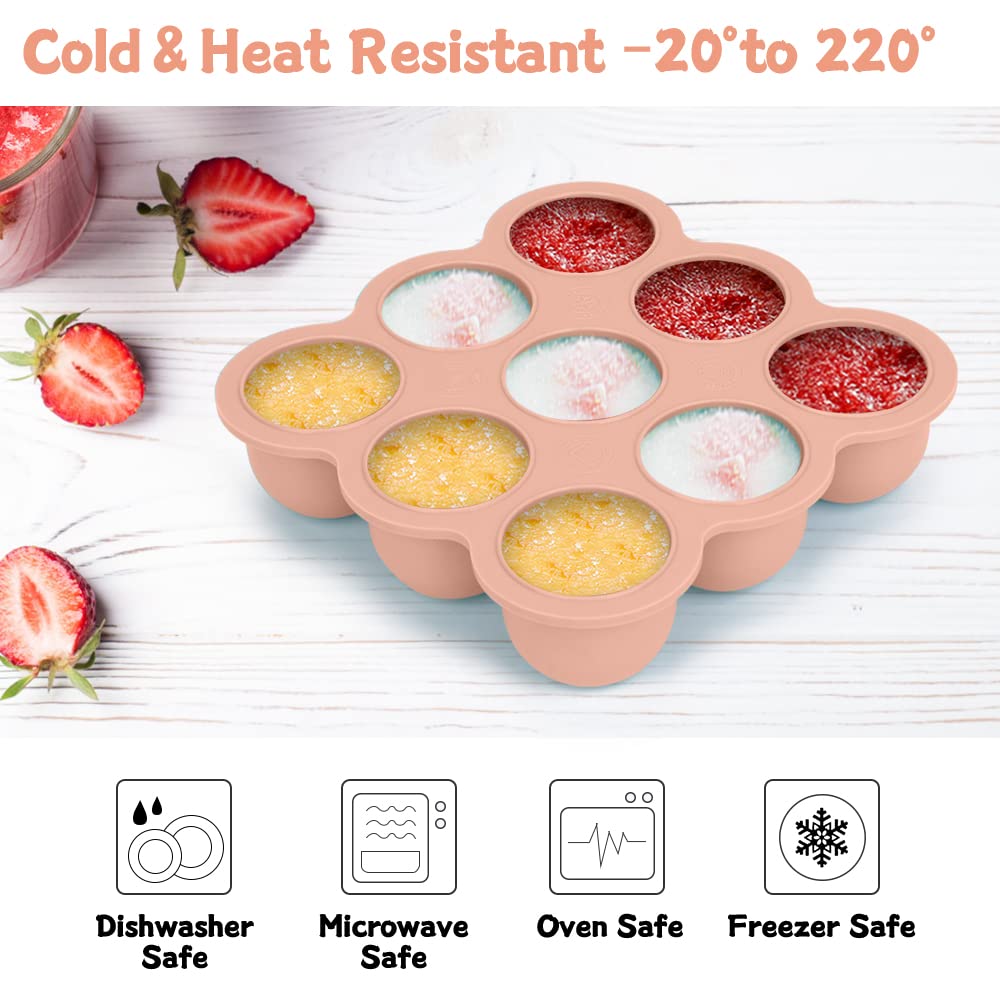 KingKam Baby Food Storage Container - 9x2.5oz Silicone Freezer Tray with Clip-on Lid - Oven & Dishwasher Safe- Easy-Out Portions, 100% Food Grade Safe