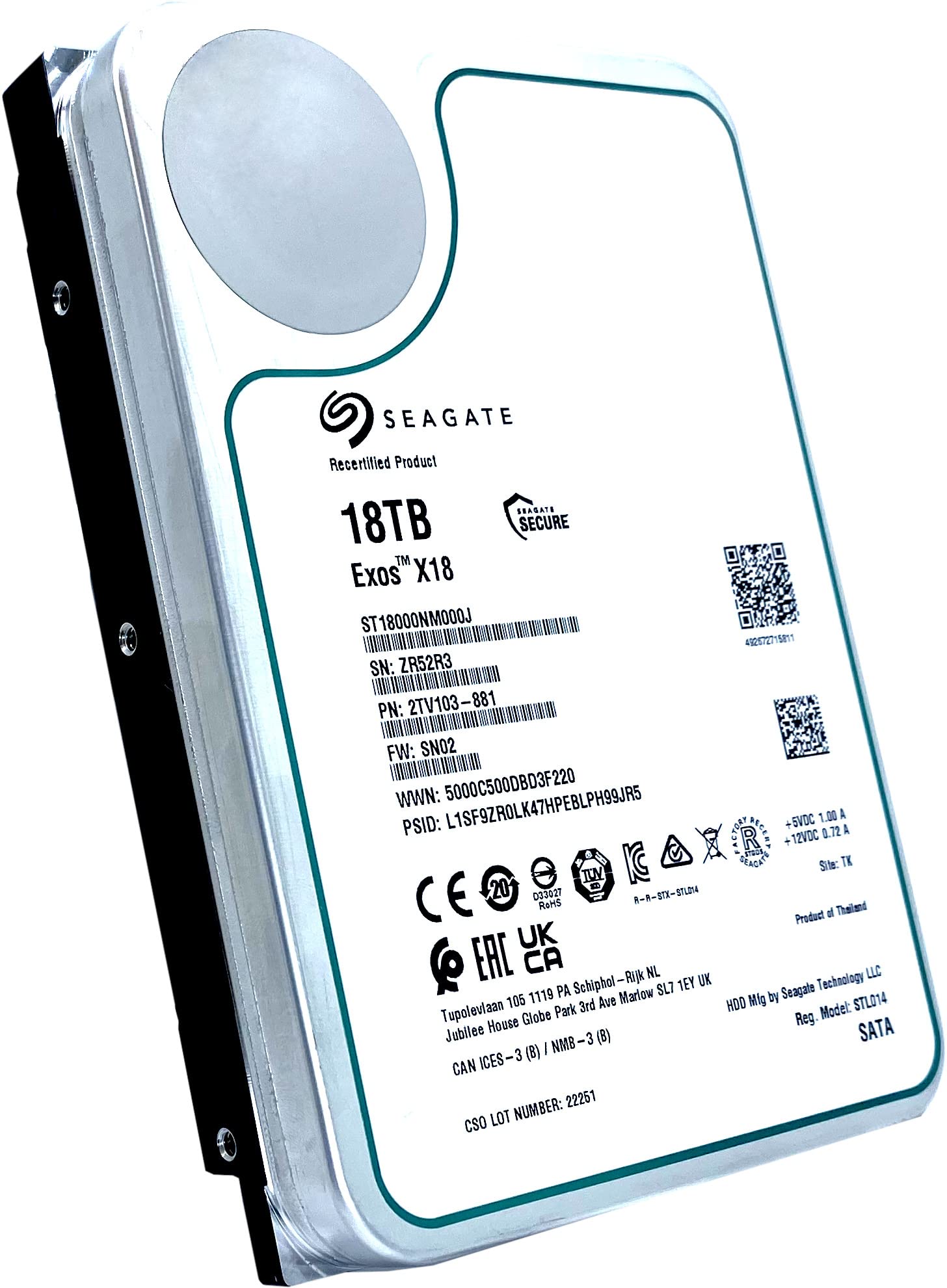 Seagate (Recertified Exos X18 18TB Enterprise HDD - CMR 3.5 Inch Hyperscale SATA 6Gb/s, 7200 RPM, 512e and 4Kn FastFormat, Low Latency with Enhanced Caching (ST18000NM000J)