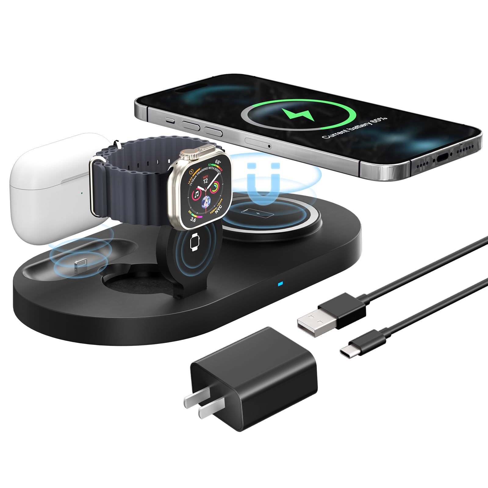 3 in 1 Mag-Safe Wireless Charging Pad, 15W Fast Magnetic Wireless Charging Station, Travel Wireless Charger for iPhone 15/14/13/12Pro/Pro Max/Mini/Plus, iWatch Ultra/9/8/7/6/SE/5/4/3/2, Airpods.