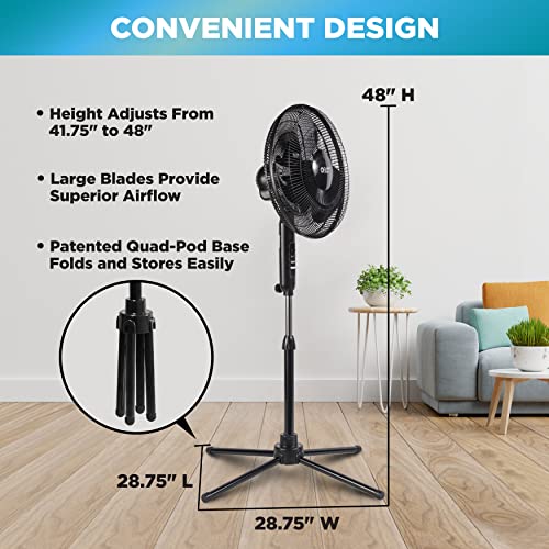 Comfort Zone CZST161BTEBK 16โ Oscillating Pedestal Fan, 3-speed Options, 90-Degree Oscillating Head, Adjustable Height and Tilt, Powerful Air Flow, Black