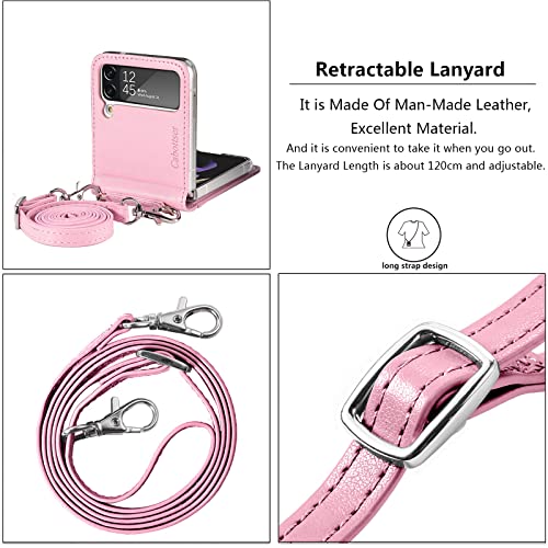 Cabottser Case for Samsung Galaxy Z Flip 3 / Z Flip 4 Wallet Phone Case Lanyard Crossbody, Pink Women Men Soft PU Leather Hard PC Adjustable Strap Card Slots Shockproof Flip Cover for Z Flip 3/4