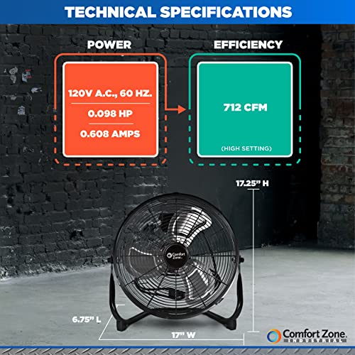 Comfort Zone CZHV14B 14” High Velocity 3-Speed Cradle Mount Floor Fan with 180-Degree Adjustable Tilt, All-Metal Construction, Carry Handle and Rubber Feet for Stability, Black