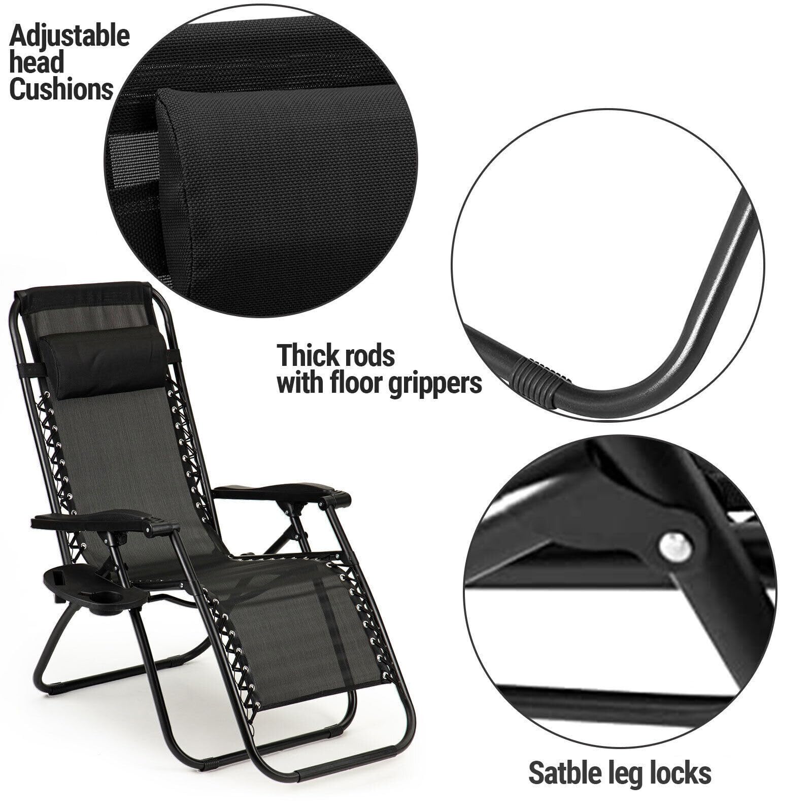 CYCLONE SOUND Adjustable Zero Gravity Folding Reclining Lounge Chair with Pillow,Anti-Gravity Chair for Indoor & Outdoor, Folding Reclining Chair w/Side Tray