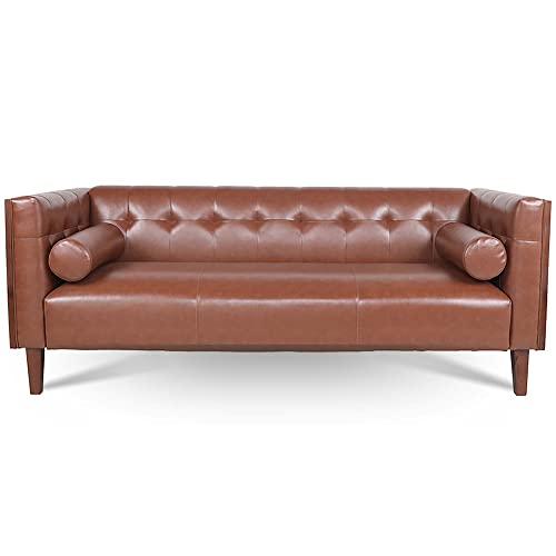76'' Leather Chesterfield Sofa, Upholstered Tufted Modern Couch with 2 Pillows, Nailhead and Solid Wood Armrest Side Board, 3 Seater Sofa with Wooden Legs for Living Room, Bedroom, Office (Brown)