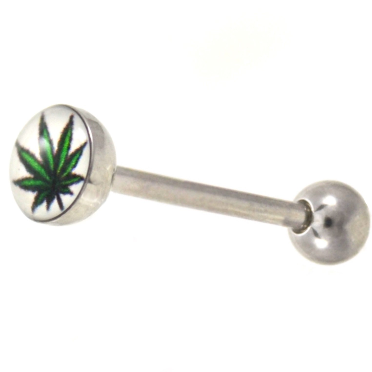 7MM Green/White Pot Leaf Logo Tongue Ring Steel Barbell - 14 Gauge 5/8(16mm)