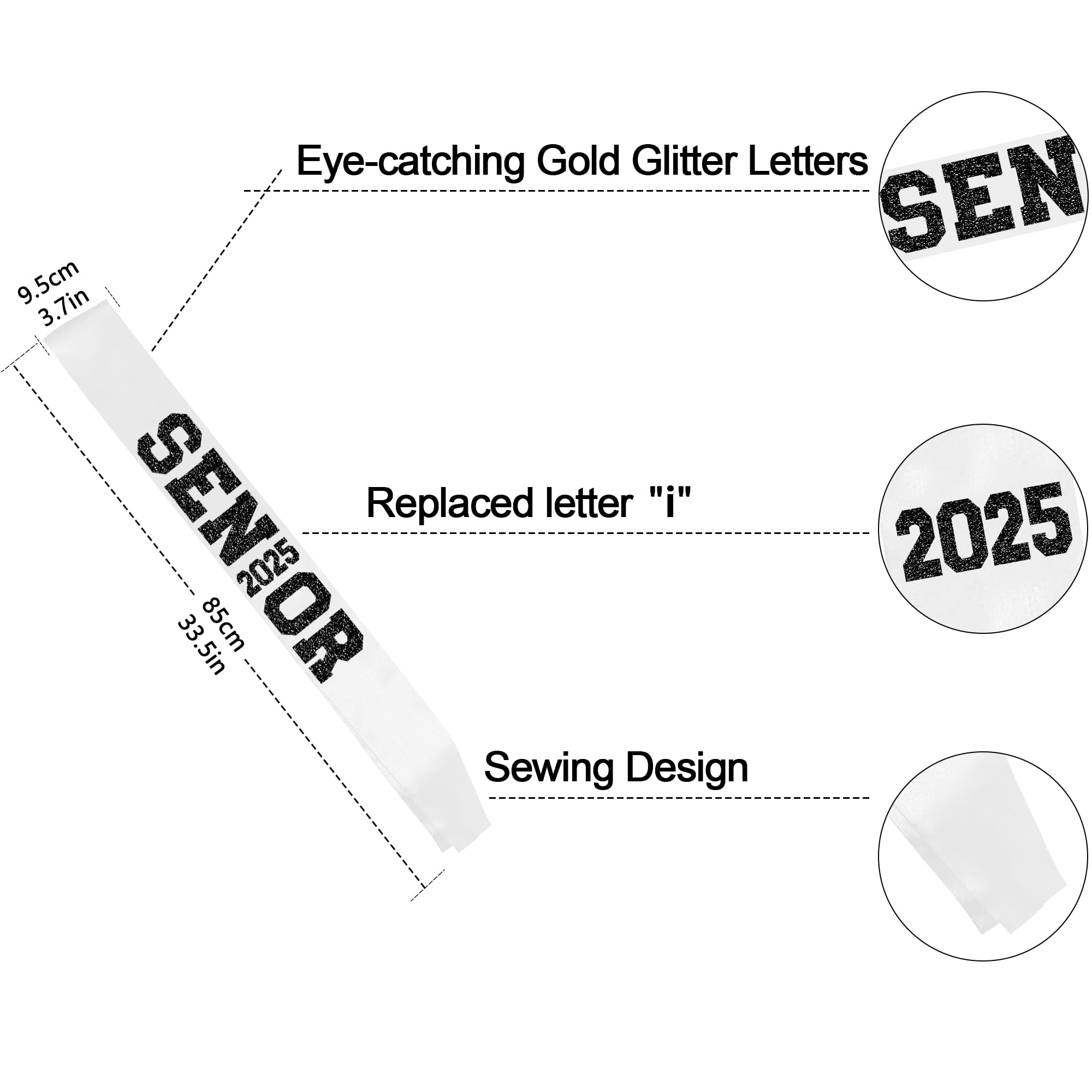 6Pcs White Senior 2025 Satin Sashes with Black Glitter Letters- 2025 Graduation Celebrations Sashes - Senior Cheer Sash - Cheerleader Sash - Class Competition Sashes