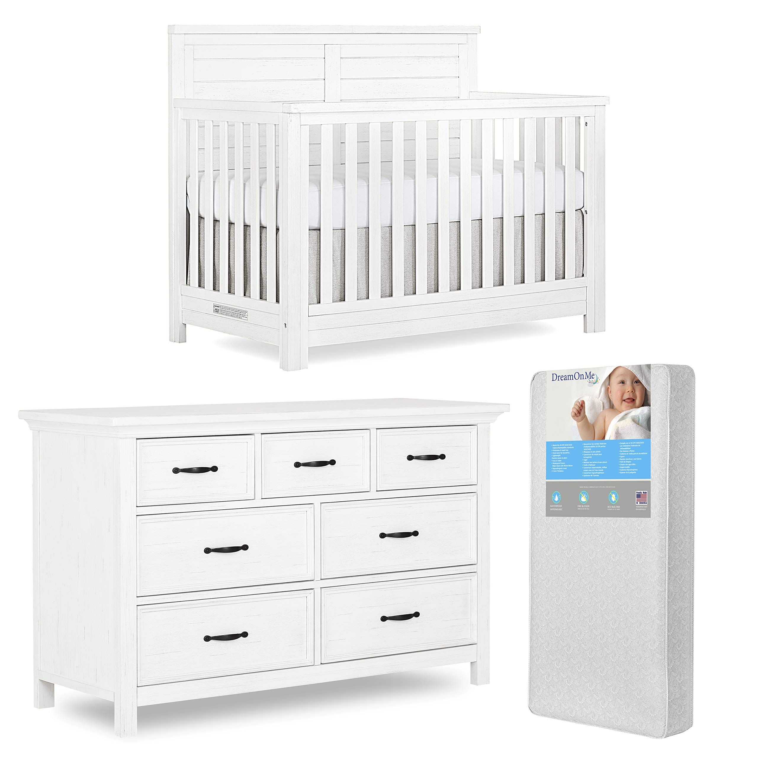 Evolur Belmar Flat 5 in 1 Convertible Crib & Double Dresser with Free 260 Coil Crib & Toddler Mattress