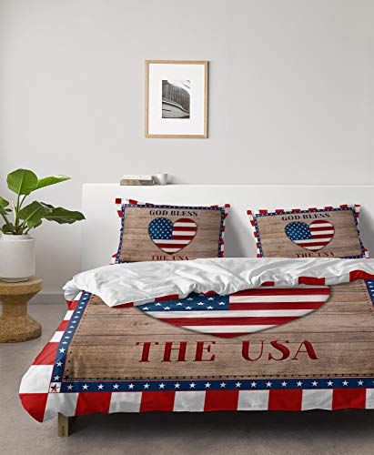 Chucoco Independence Day Twin Duvet Covers Set American Flag Love Wood Plank 4 Pcs Bedding Sets Brushed Microfiber Quilt Covers Lightweight Cozy Flat Sheet with 2 Pillowcases Red White Plaid