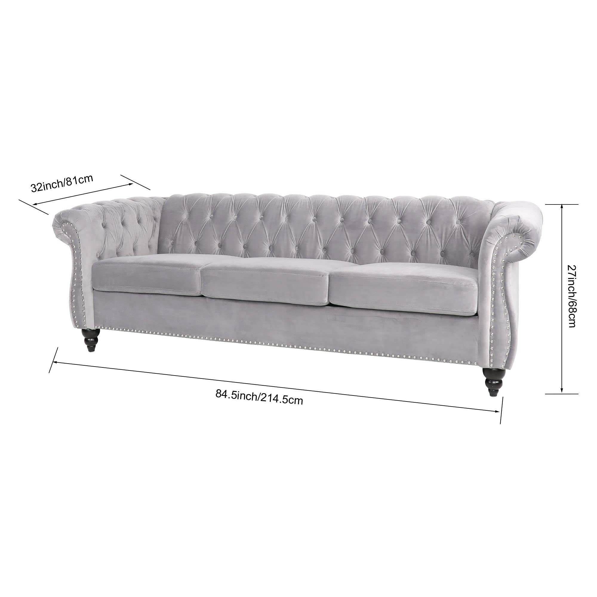 NOSGA Modern Contemporary Sofa Couch with Deep Button Tufting Dutch Velvet, Solid Wood Frame and Wood Legs (Gray)