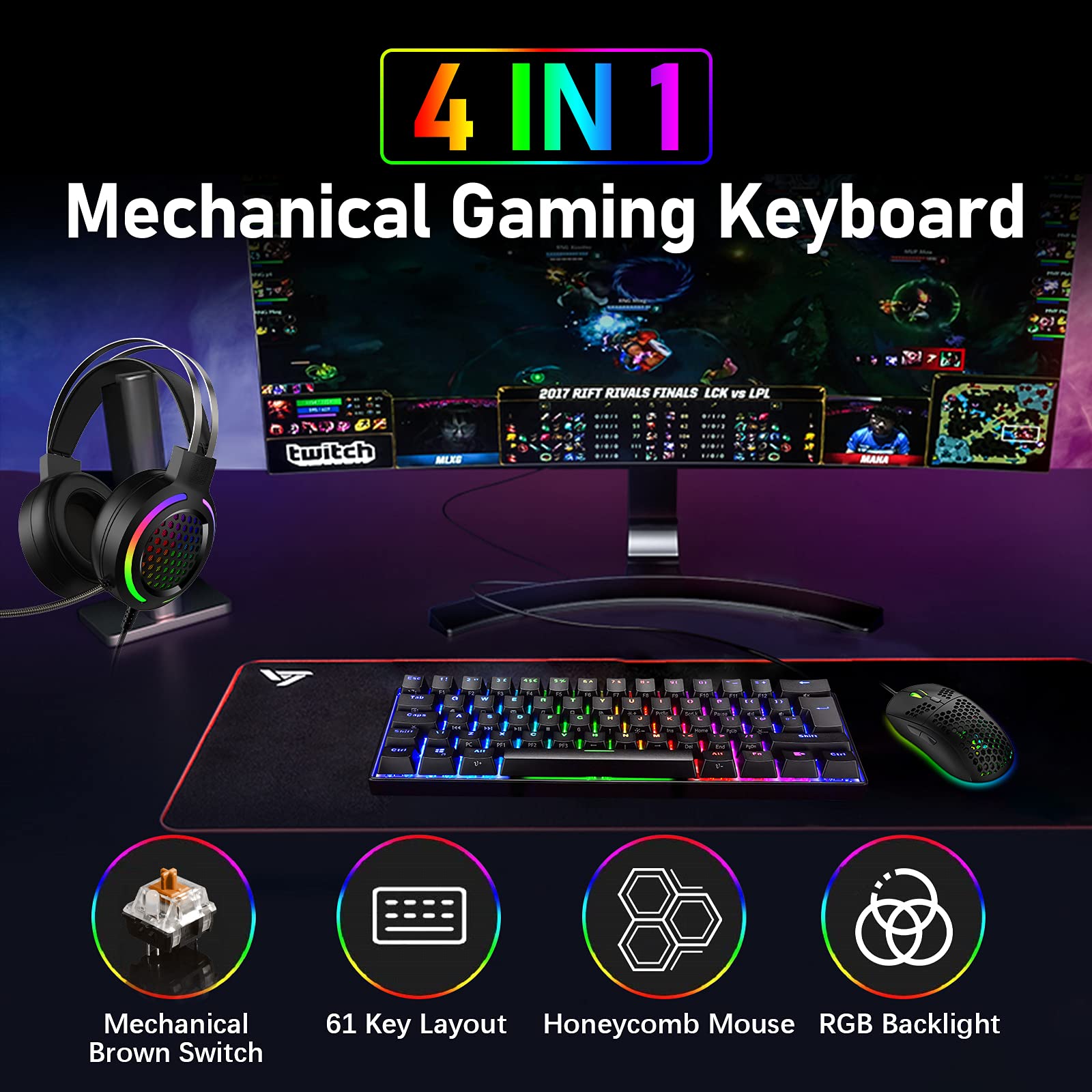 60% Mechanical Gaming Keyboard Mouse and Headset Combo with Rainbow Backlit Anti-ghosting 61 Key Adjustable Microphone 6400DPI Honeycomb Mice USB Wired for PC Mac Gamer Typist(Black RGB/Brown Switch)