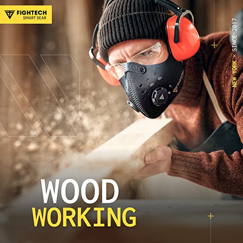 FIGHTECH 2 x Dust Masks | Combo Kit with 10 x Active Carbon Filters | 2 x Extra Air Valves | Face Mask for Woodworking | Washable and Reusable (Medium, Black)