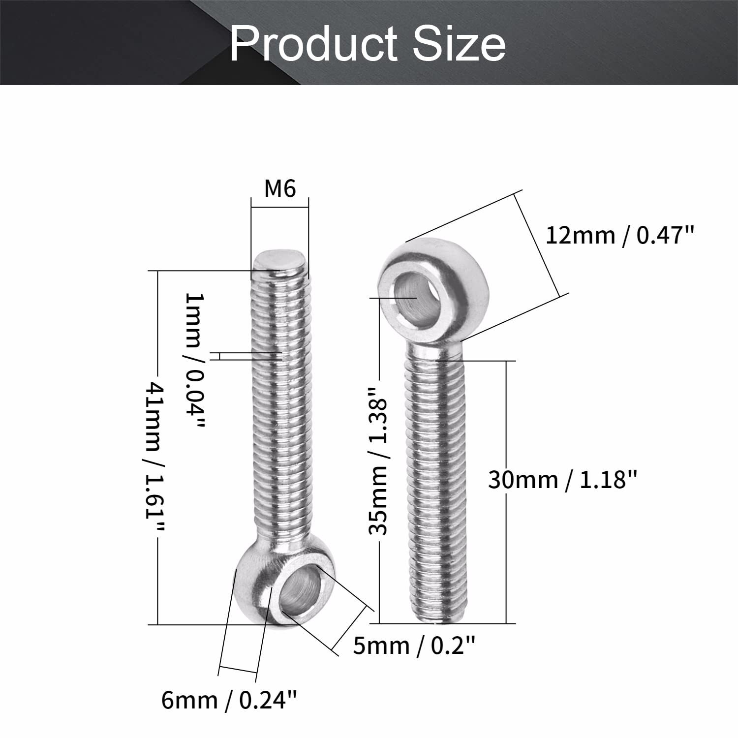 MroMax 4Pcs M6 x 35mm Swing Lifting Bolt, 304 Stainless Steel Metric Full Thread Machinery Shoulder Swing Lifting Eye Bolt for Home Renovation, Pipeline Gate Valves Fasteners