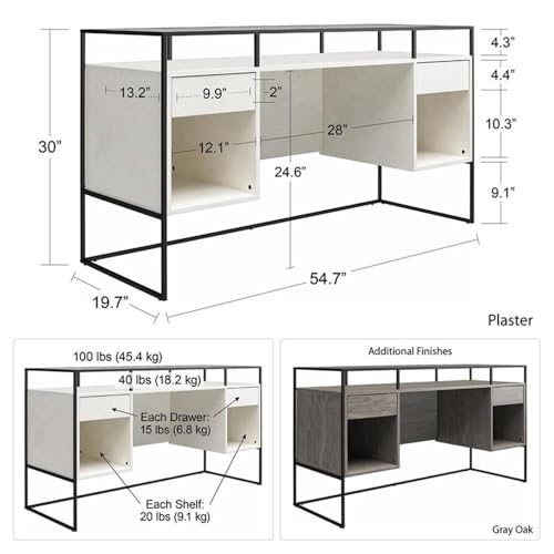 Ameriwood Home Camley Modern 2-Drawer Desk with Fluted Glass Top, Gray Oak