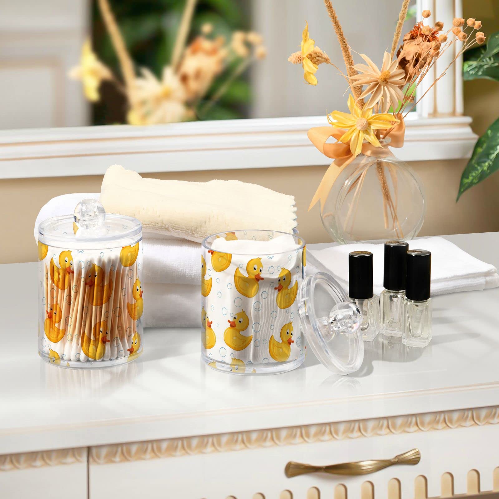 DOMIKING Rubber Duck 2 Pack Cotton Swab Holder Dispensers Plastic Jar Bathroom Storage Canister Acrylic Containers for Floss Makeup Sponges Cotton Ball
