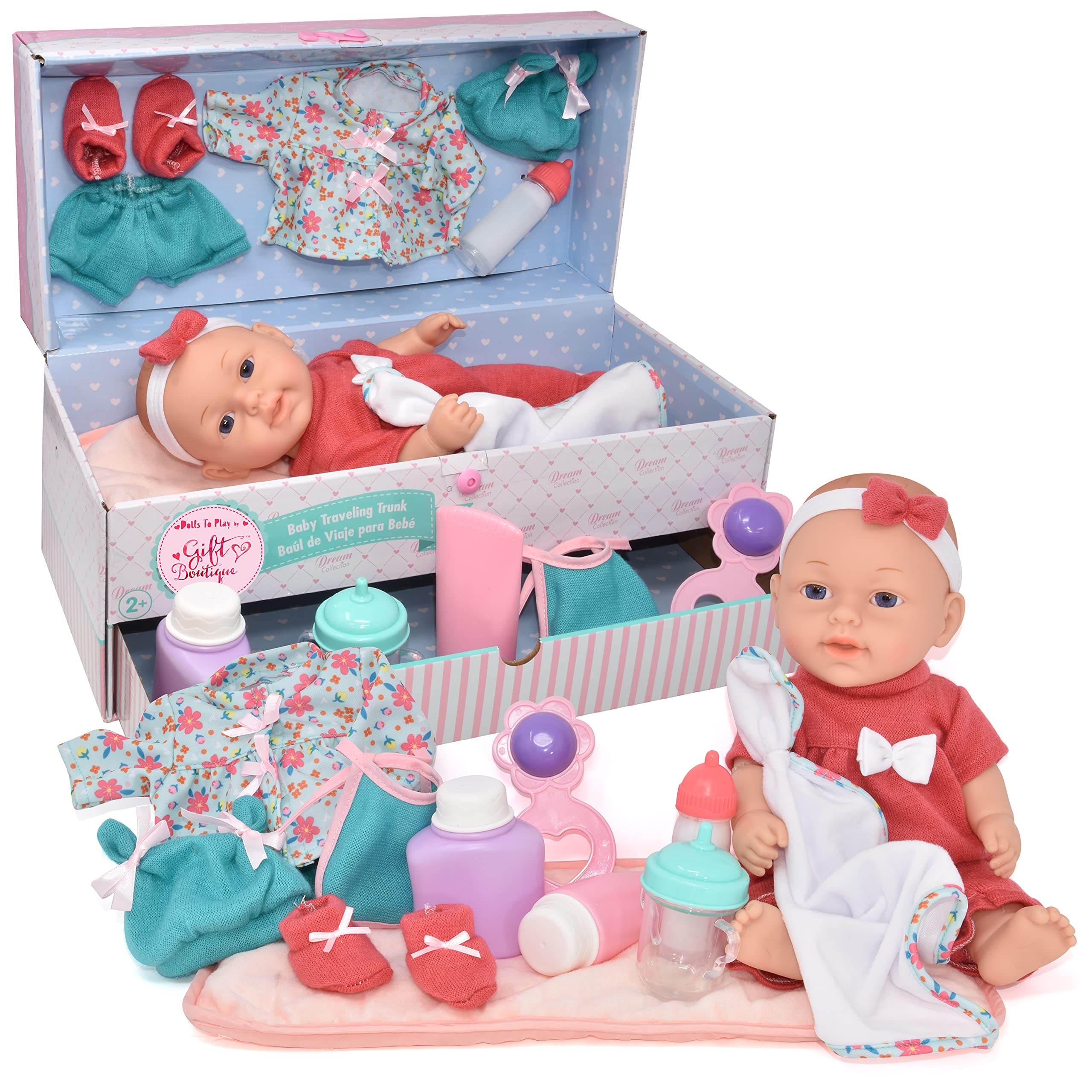 Baby Doll with Clothes & Accessories, Newborn Baby Doll in Carrier Gift Box, Magic Disappearing Milk Bottle with Feeding & Changing Deluxe Travel Set