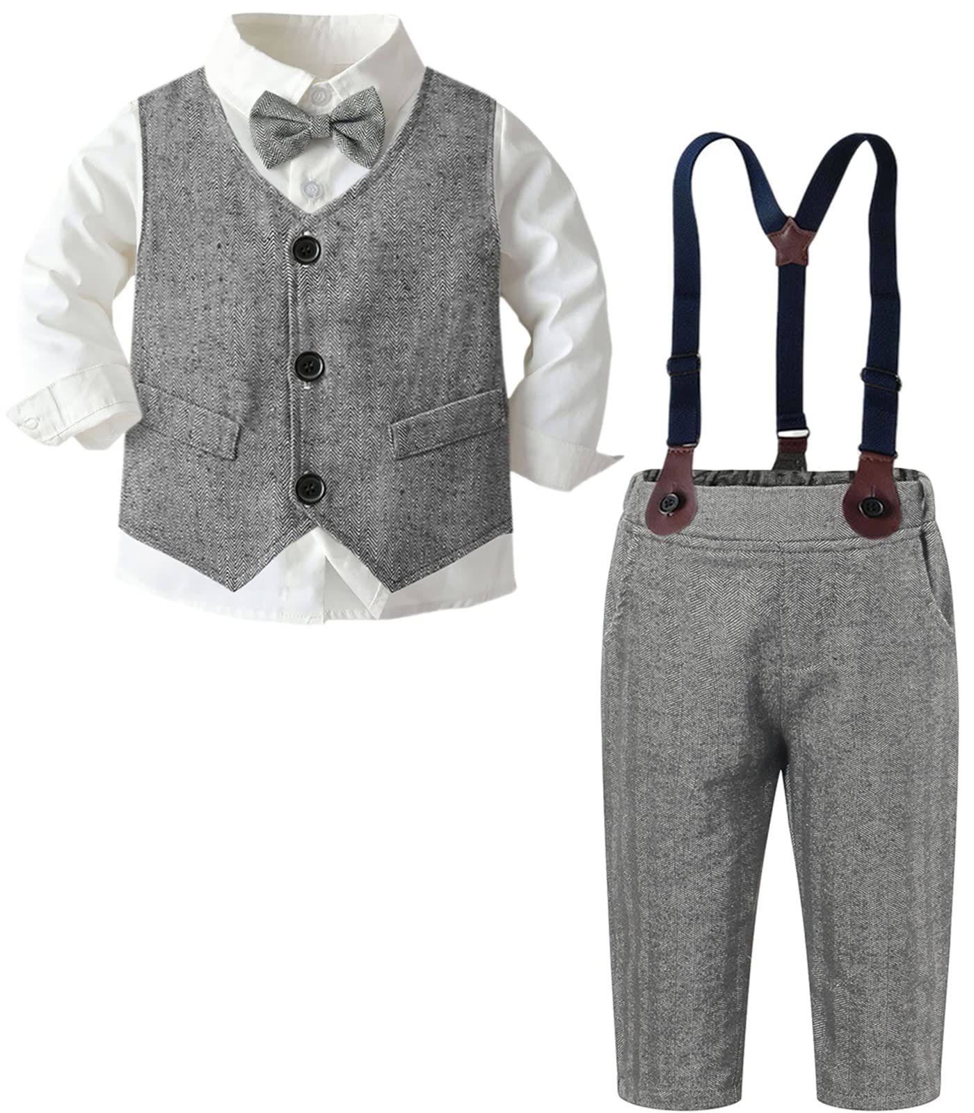 Boys Dress Clothes Set, 3PCS Baby Boy Formal Suits with Bowtie Dress Shirt + Suspender Pants + Suit Vest Wedding Clothing Outfits for Boys, Grey Zsl, 18-24 Months = Tag 90