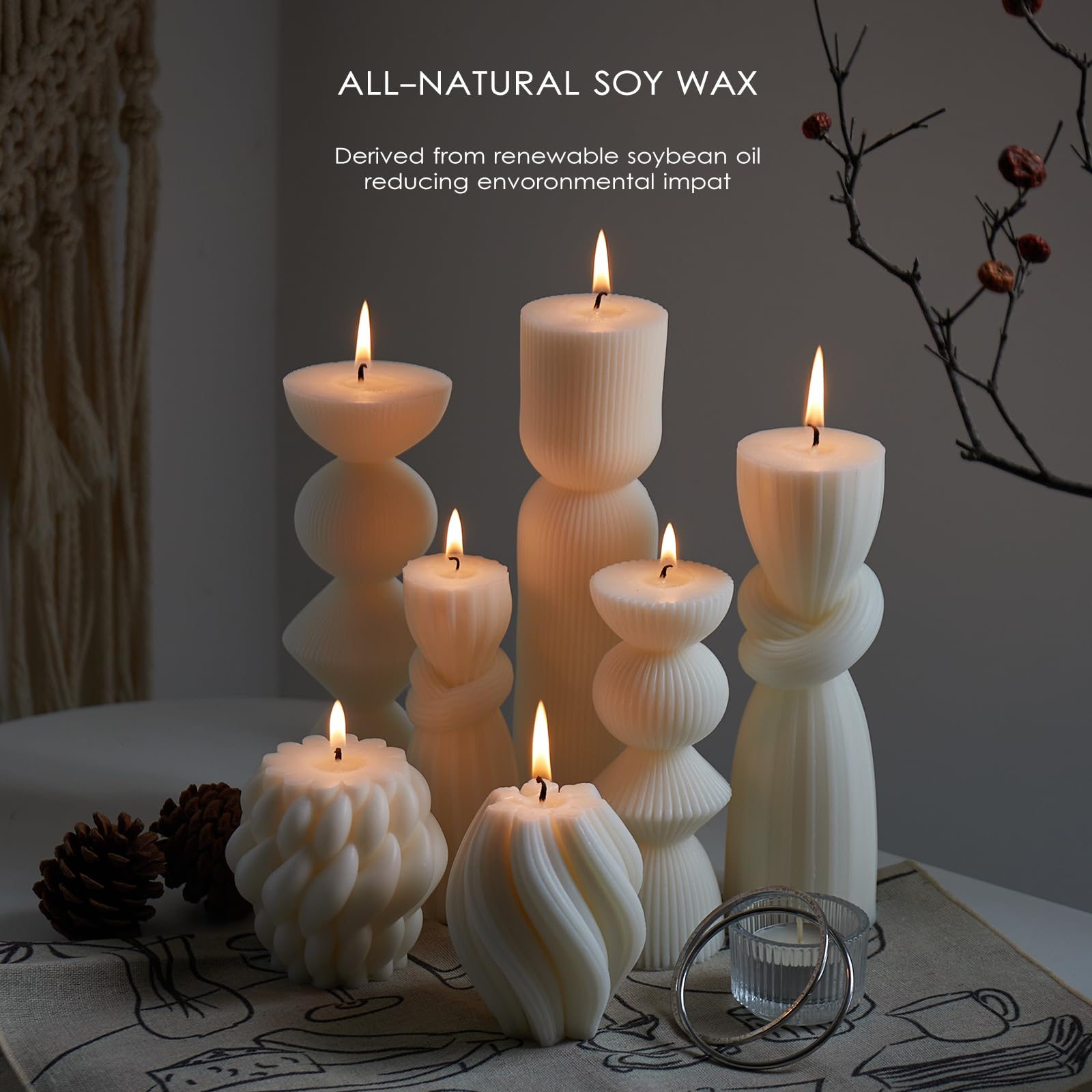 7 Pcs Large Modern Ribbed Candles Beautiful Handmade Pillar Housewarming Gift Home Room Shelf Decor Idea Spiral Soy Wax Candle White