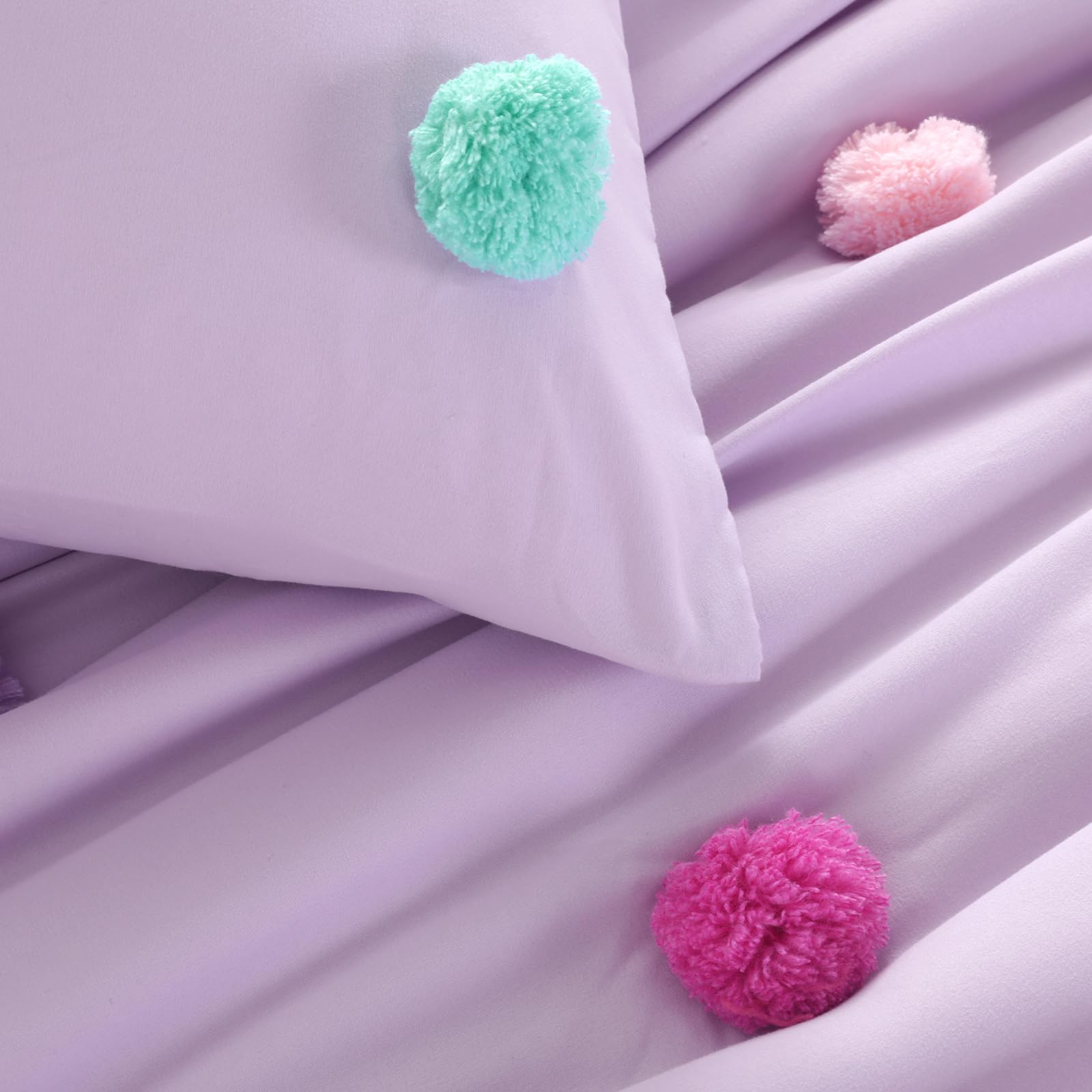 HOMBYS Pom Poms Bedding Comforter Set for Girls, 5 Piece Purple Boho Kids Comforter Set for All Season,Twin/Twin XL Size