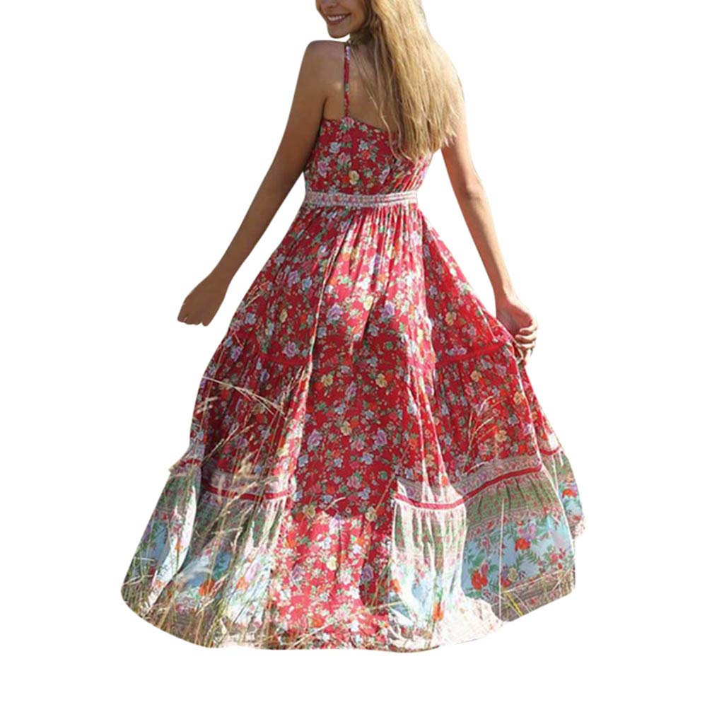 F_Gotal Womens V Collar Chiffon Long Sleeve Floral Print Strap Long Maxi Dress Fashion Beach Sundress Party Cocktail
