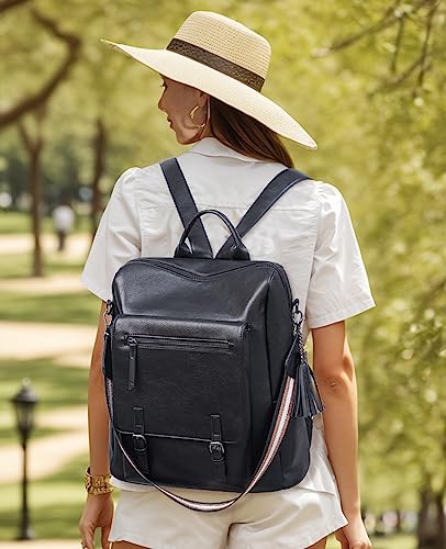 Caitina Backpack Purse for Women Leather Backpack Purse Travel Backpack Fashion Designer Ladies Shoulder Bags With Wristlets(Black)