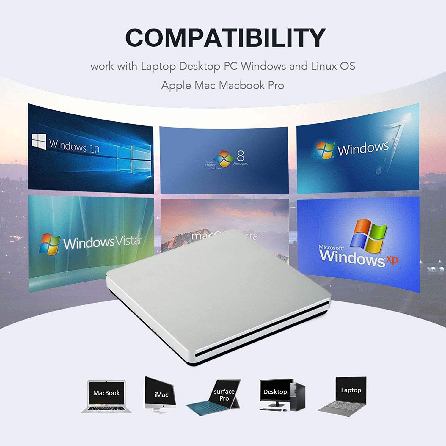 VikTck External CD DVD Drive USB C Ultra Slim Portable CD DVD RW/ROM Burner Writer Player Superdrive for MacBook Pro Air iMac Laptop Mac os Windows 10