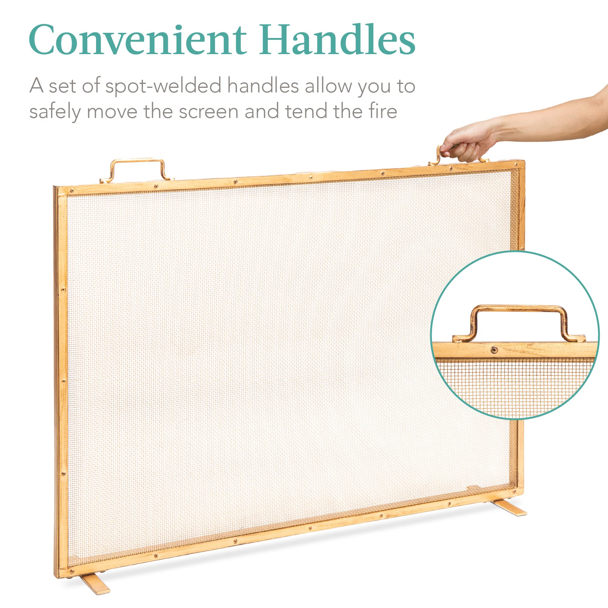 Best Choice Products 38x27in Single Panel Fireplace Screen Handcrafted Steel Mesh Spark Guard for Living Room, Bedroom Décor w/Handles - Antique Gold