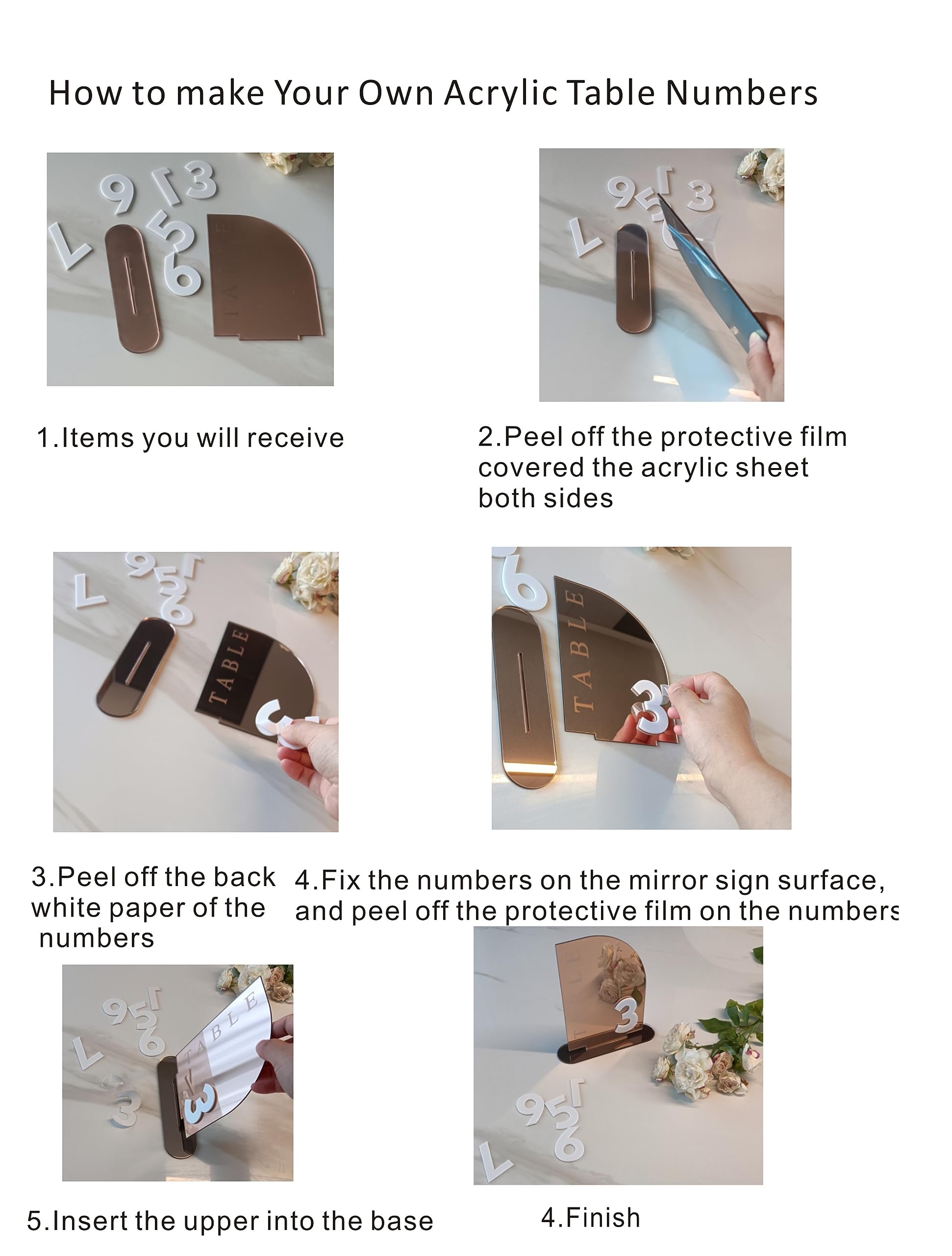 Acrylic Wedding Table Numbers,Semi-Arched Mirrored Acrylic Table Numbers for Centerpiece, Reception, Decoration, Party, Anniversary, Event (Number 1-15, Rose Gold Mirror)
