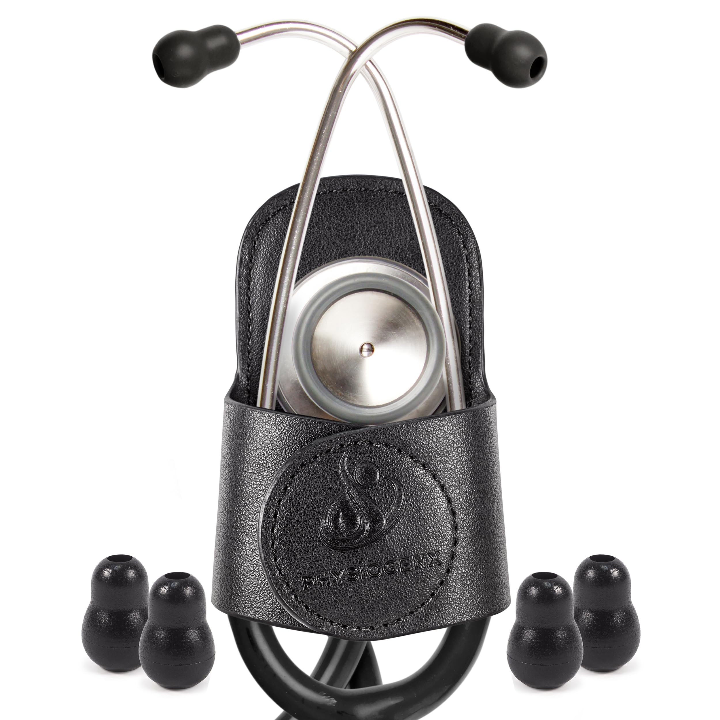 Stethoscope Holder Hip Clip With Upgraded Secure Magnetic Closure - Our Hygienic Stethoscope Clip is Designed to Hold All Brands & Styles - Includes Replacement Stethoscope Ear Tips (Obsidian Black)
