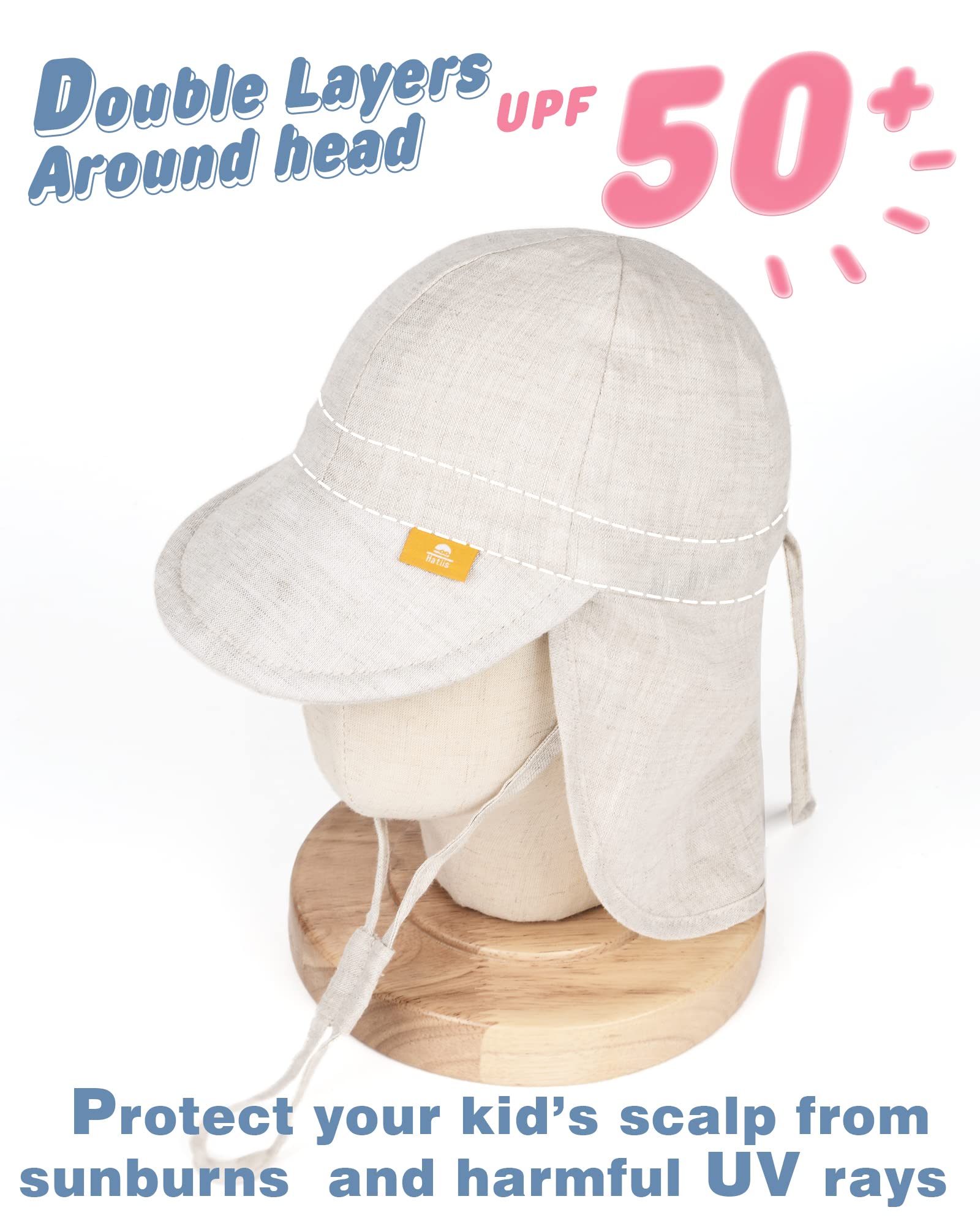 Baby Sun Hat UPF 50+ Adjustable Linen Breathable Infant Quick Drying Summer Beach Hat with Neck Flap Swim Hat for Baby Boys Girls Beige