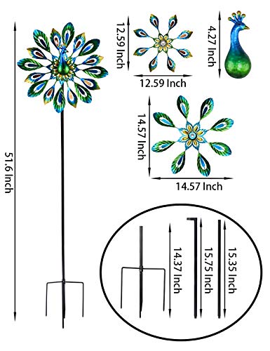 MUMTOP Wind Spinner 51" Peacock Double Wind Sculpture is Suitable for Decorating Your Patio, Lawn & Garden