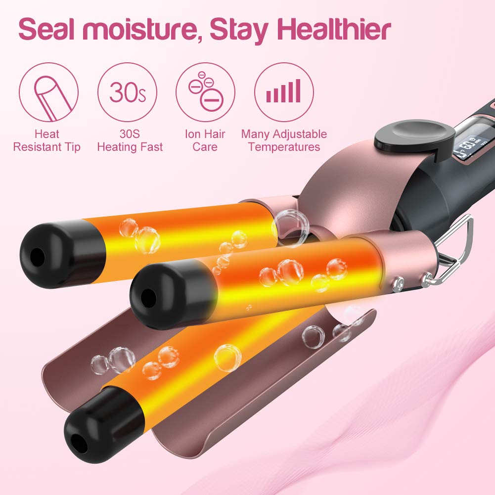 3 Barrel Curling Iron Wand 25mm Hair Waver Crimper Hair Iron with LCD Display, Ceramic Tourmaline Triple Barrels Temperature Adjustable, Dual Voltage (Rose Gold)