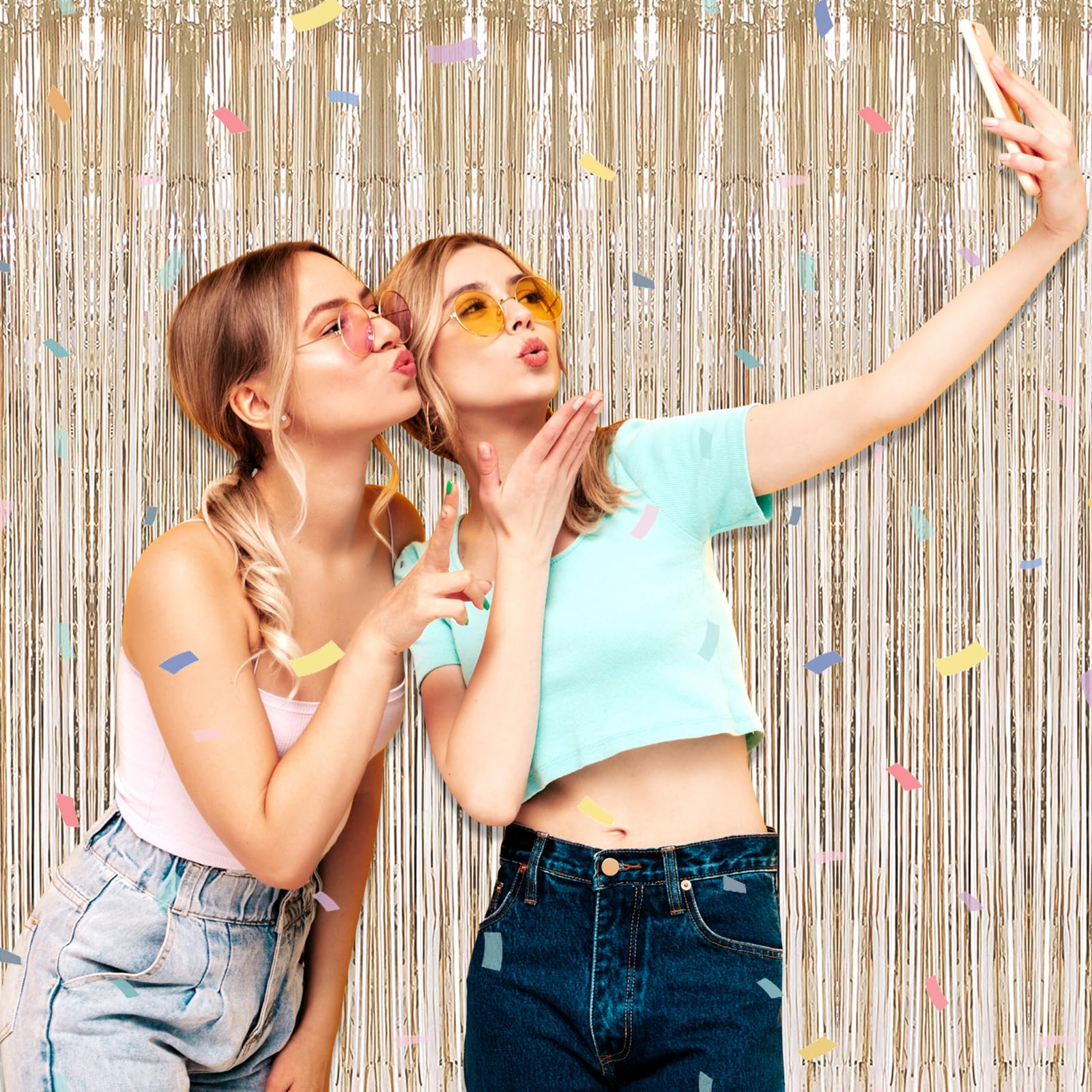 3 Pack Champagne Gold Foil Fringe Curtain Backdrop, 3.28Ft x 8.2Ft Metallic Tinsel Foil Fringe Streamer Curtains for Photo Booth, Valentine's Day, Wedding, Birthday, New Year Party Decorations
