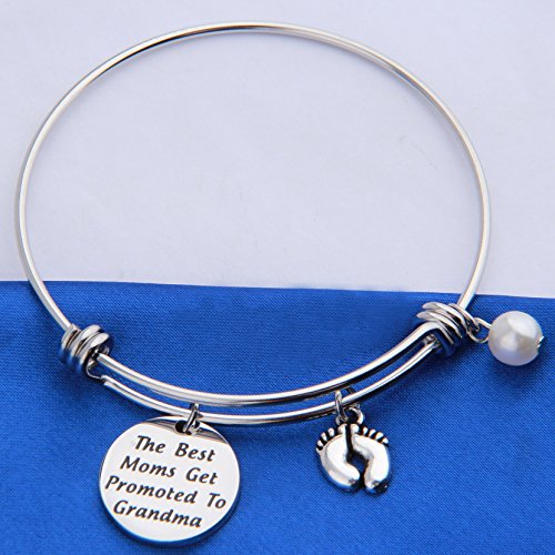 FEELMEM New Grandma Gift The Best Moms Get Promoted to Grandma Bangle Bracelet with Baby Footprint Charm (Silver)