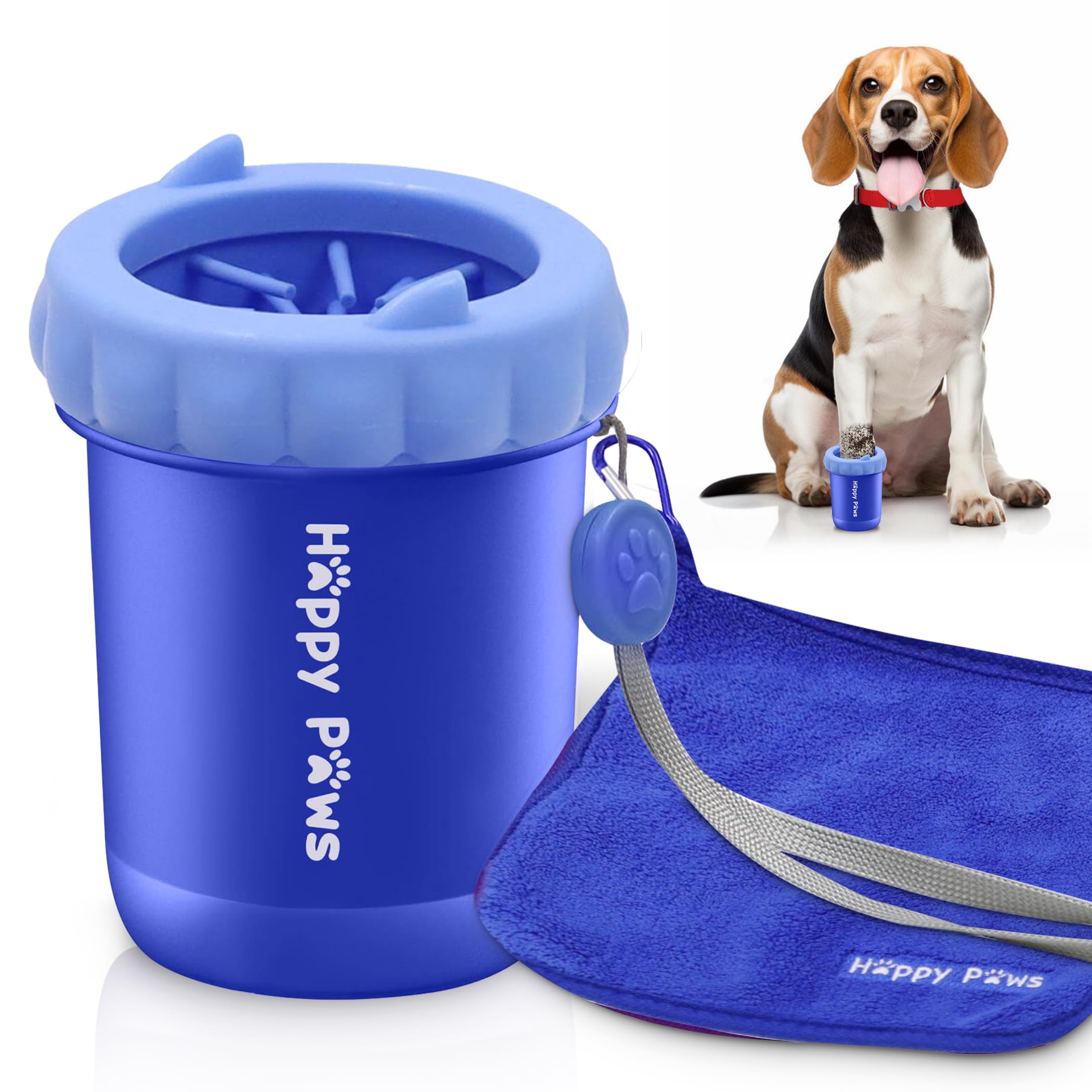 Happy Paws Dog Paw Cleaner | Portable Washer Cup for Small Cute Dogs with Towel and Hanger | Silicone Pet Foot Cleaning Brush Scrubber | Grooming Essentials to Wash Muddy Puppy Feet | Blue