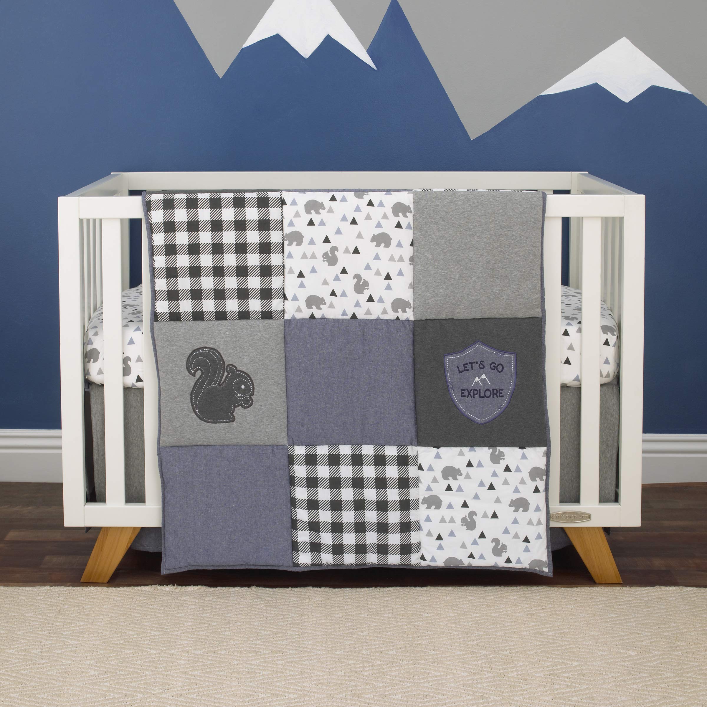 NoJo Mountain Patchwork - Grey, Denim, Slate Blue, Charcoal 4 Piece Nursery Crib Bedding Set- Comforter, 100% Cotton Fitted Crib Sheet, Dust Ruffle, Baby Blanket