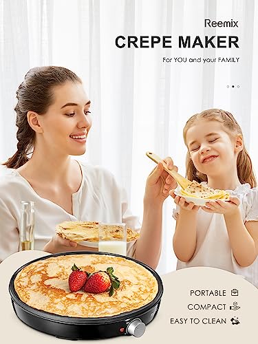 Crepe Maker Machine, Reemix Compact Pancake Griddle Precise Temperature Control, Nonstick 12β Electric Griddle, Batter Spreader for Eggs, Pancakes, Omelets and Quesadillas, Includes Spatula, Spreader