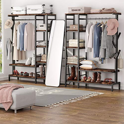 Tribesigns Free-standing Closet Organizer with Hooks, Heavy Duty Clothes Shelf Garment Rack with Shelves and Hanging Rod, Metal Clothing Storage for Bedroom, Capacity 450lb
