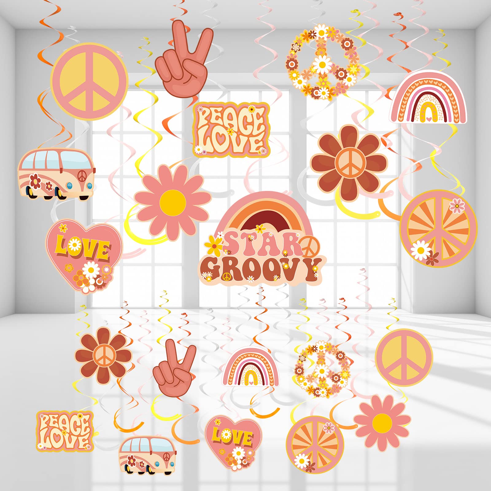 51 Pcs Two Groovy Party Hanging Swirl Decorations, Groovy Retro Hippie Boho Party Hanging Swirl Rainbow Daisy Flower Decorations for Girls Star Groovy Daisy Birthday Baby Shower Party Supplies