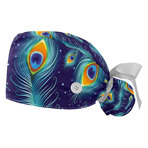 Abstract Peacock Feathers Adjustable Work Hats Buttoned Bowlers Scrub Hats Lace-Up Printed for Women Men 2pcs