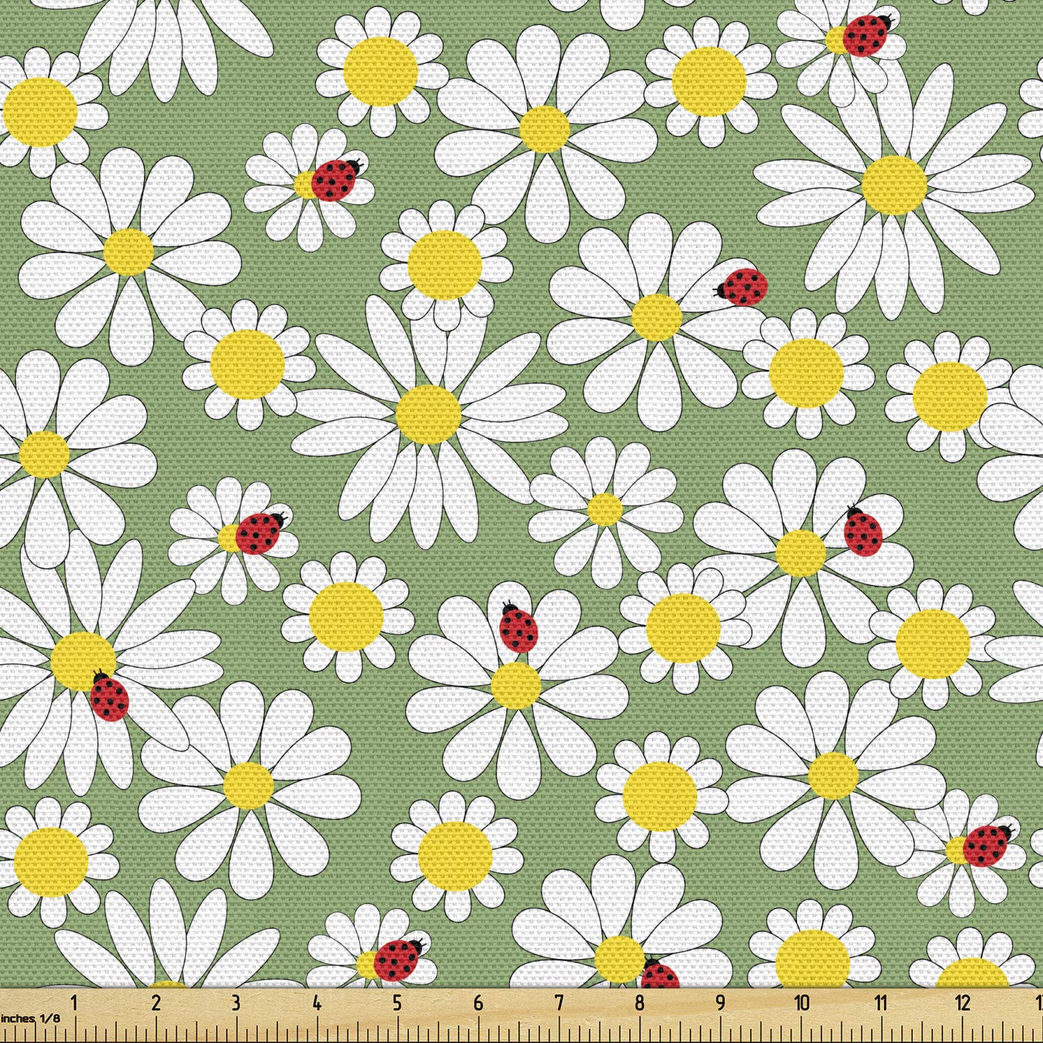 Ambesonne Ladybug Fabric by The Yard, Daisy Flora Foliage Gardening Yard Cottage Nature Exotic Bloom Design, Decorative Fabric for Upholstery and Home Accents, 3 Yards, Fern Green Yellow White