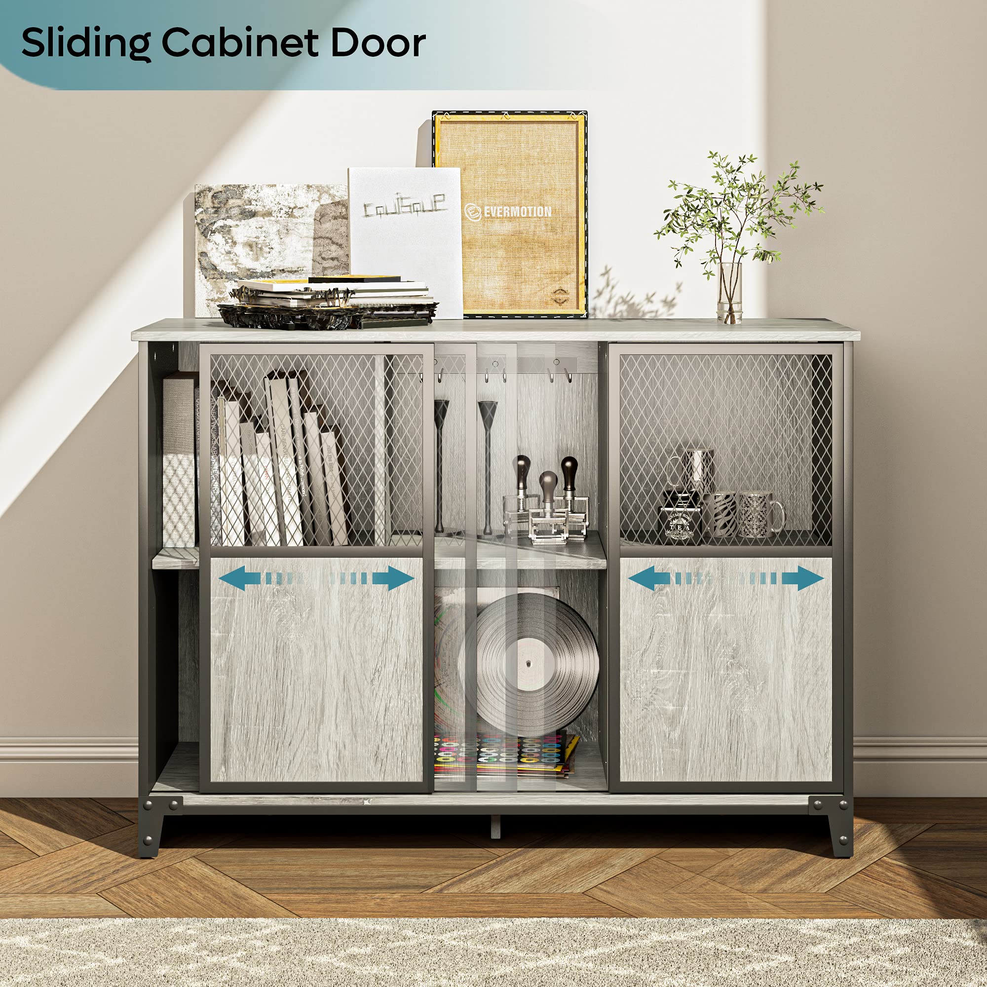 Bestier Industrial Bar Cabinet for Liquor and Glasses with Sliding Metal Mesh Door Kitchen Accent Sideboard Buffet Wine Rack with Adjustable Shelf Home Bar Furniture Gray