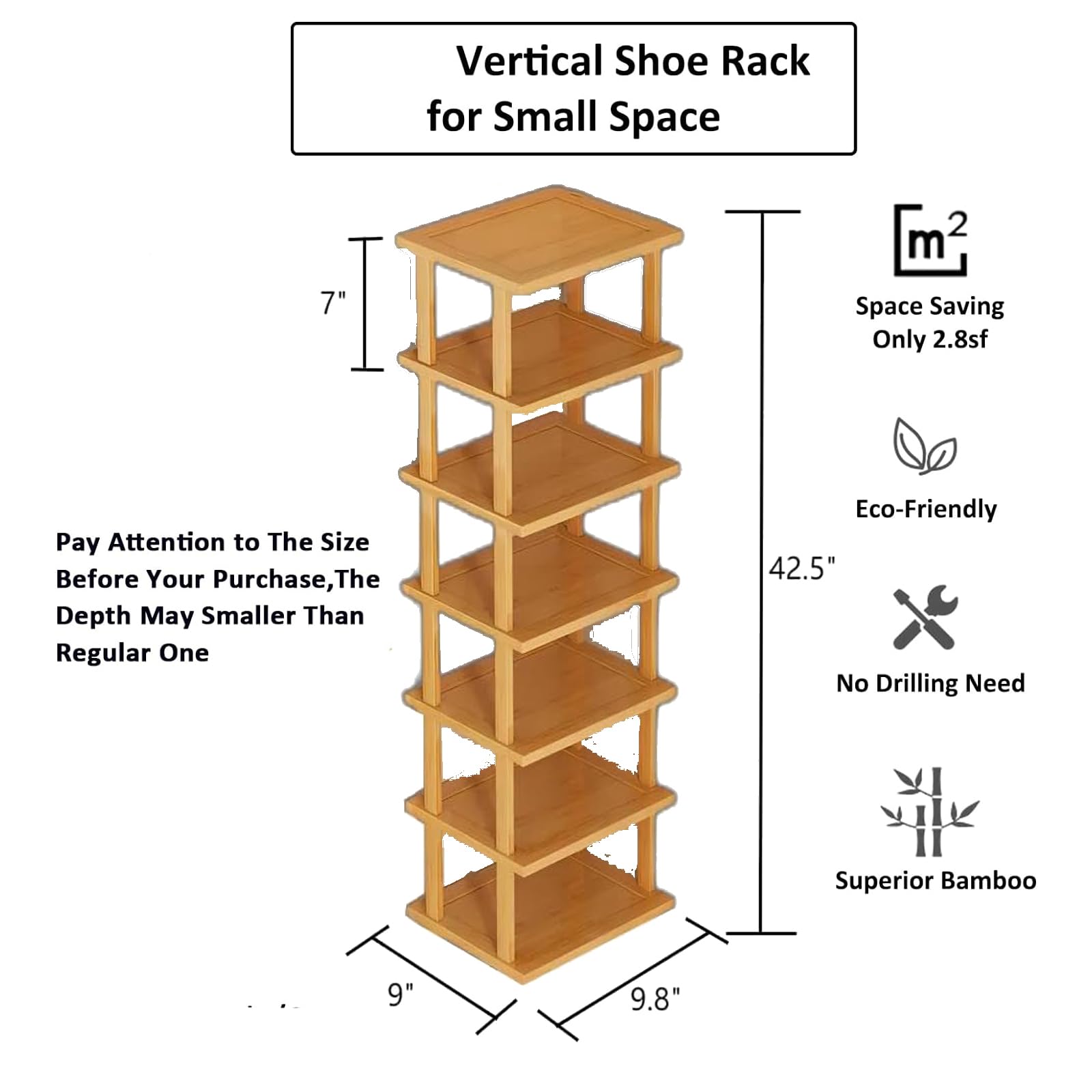 7 Tiers Bamboo Shoe Rack,Vertical Shoe Rack for Small Spaces,Tall Narrow Shoe Rack Organizer for Hallway,Closet Entryway Corner Garage and Bedroom,Skinny Shoe Shelf Free Stackable,Space Saving Storage
