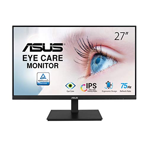 ASUS VA27DQSB 27β Monitor, 1080P Full HD, 75Hz, IPS, Adaptive-Sync, Eye Care, HDMI DisplayPort VGA USB Hub, Frameless, Ergonomic Design, VESA Wall Mountable,BLACK