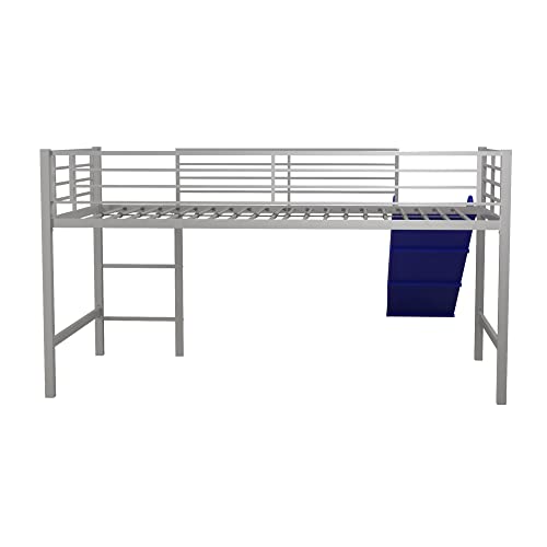 DHP Junior Twin Metal Loft Bed with Slide, Multifunctional Design, Silver with Blue Slide